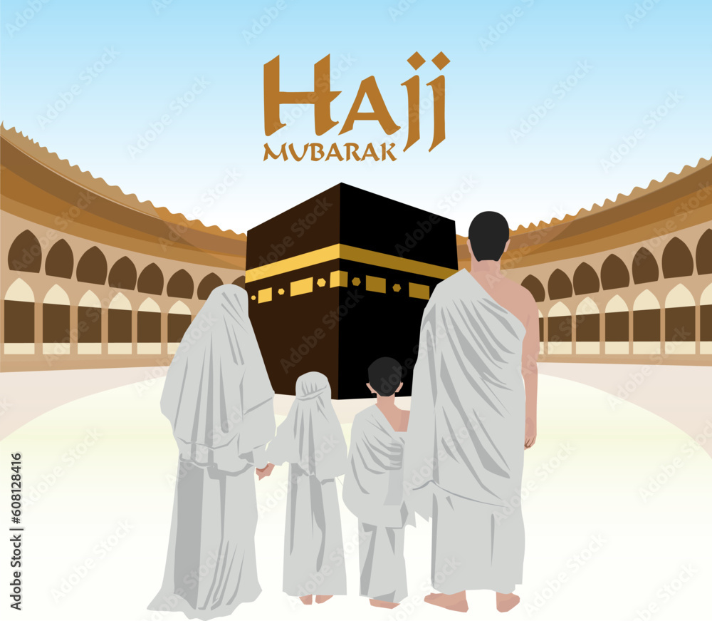 Vetor de vector family father mother son and daughter praying hajj with ihrom clothes in mecca ...