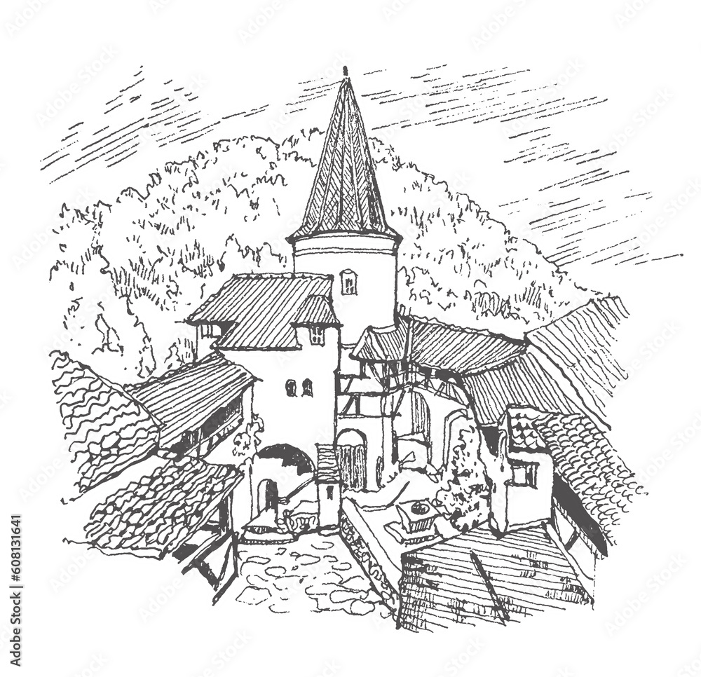 Travel sketch illustration of Bran Castle in Transylvania, Romania ...