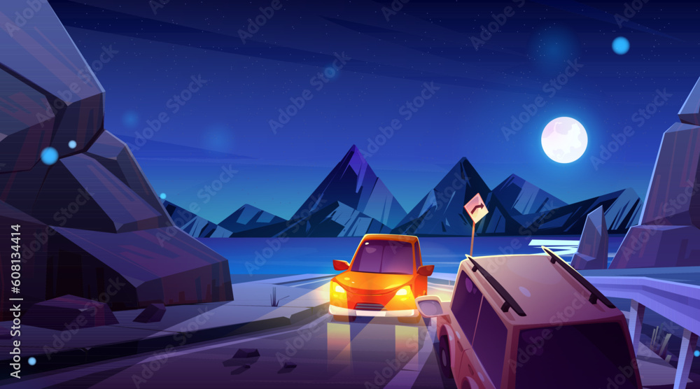 Night road car vector mountain nature landscape background illustration ...