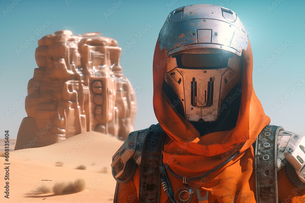 Cyberpunk hooded android wearing helmet. desert and destroyed bulding ...