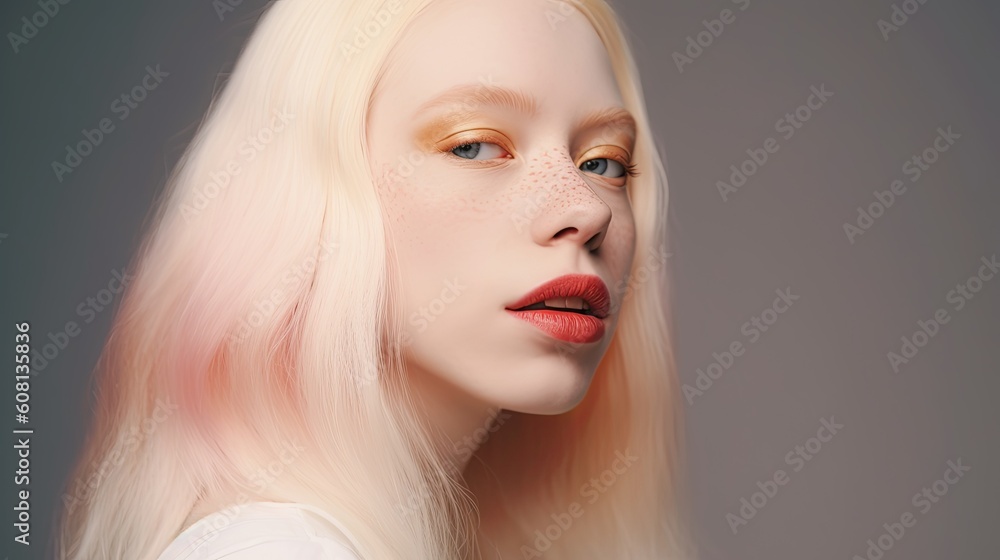 Smiling albino young woman close up portrait in white shirt on white ...