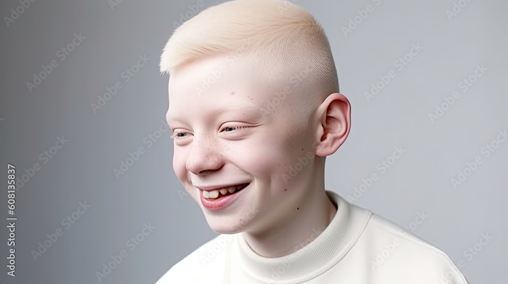 Smiling albino boy portrait in white shirt on solid white background ...