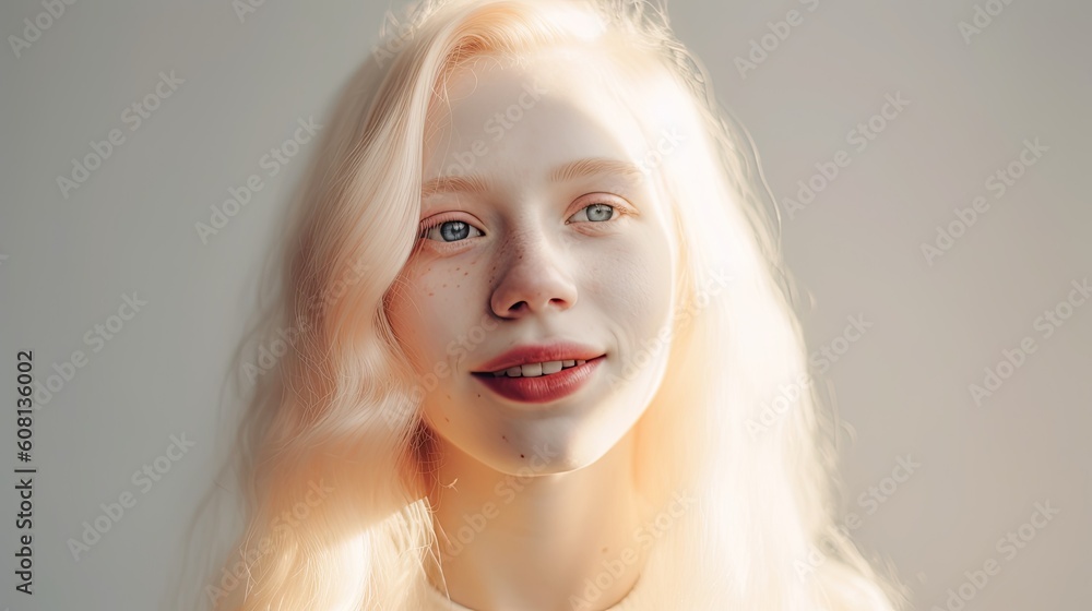 Smiling albino young woman close up portrait in white shirt on white ...