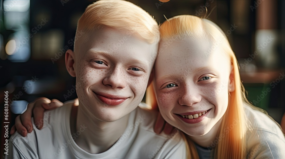 Smiling albino brother and sister portrait cafe abstract background ...