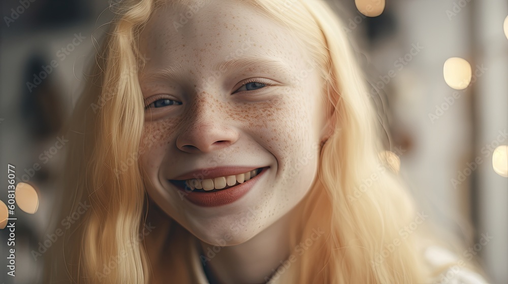 Smiling albino girl close up portrait in white shirt on abstract ...