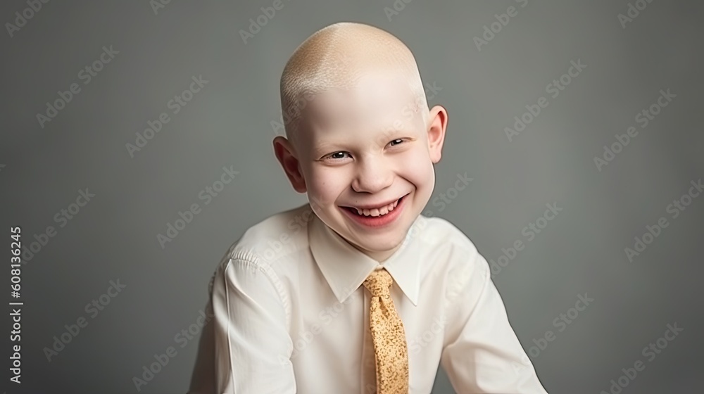 Smiling albino boy portrait in white shirt on solid white background ...