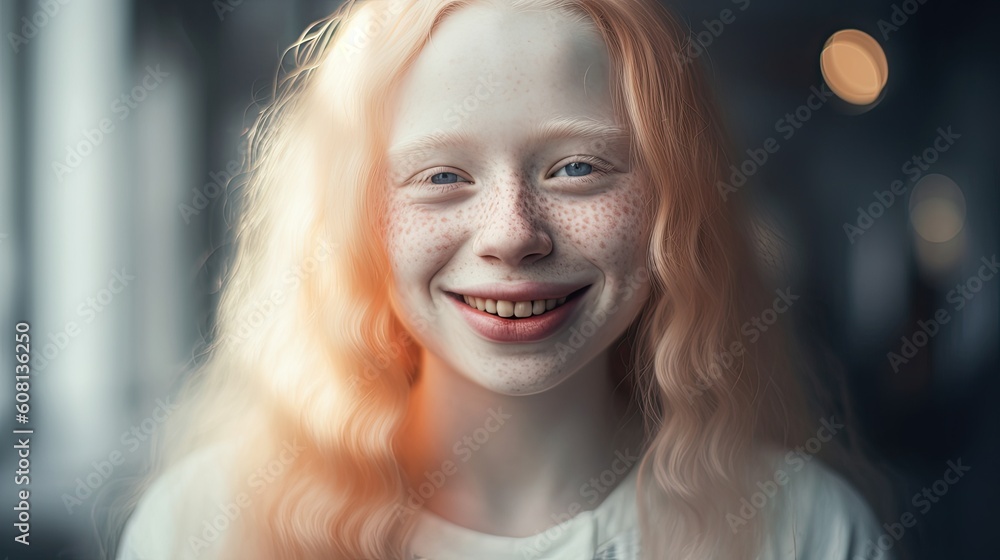 Smiling albino girl close up portrait in white shirt on abstract ...