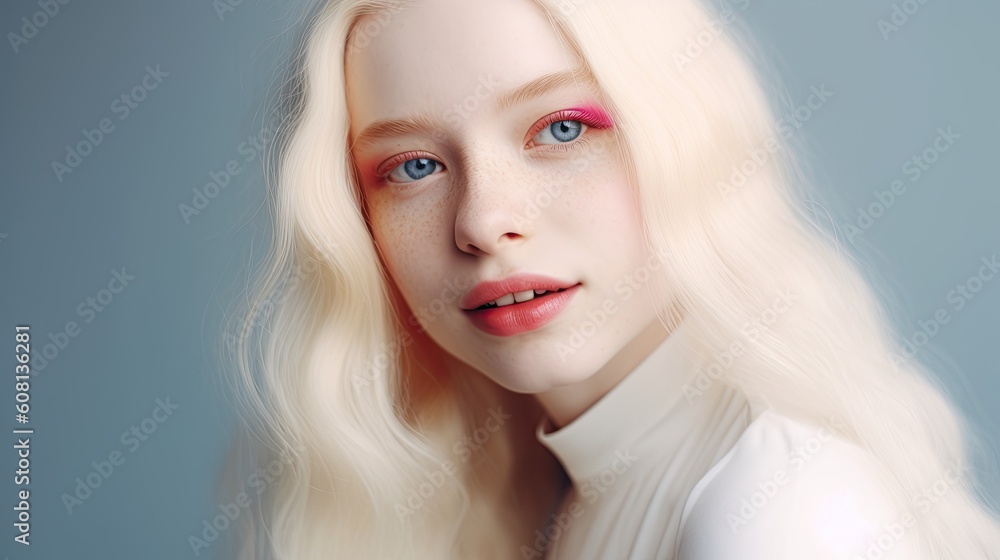 Smiling albino young woman close up portrait in white shirt on white ...