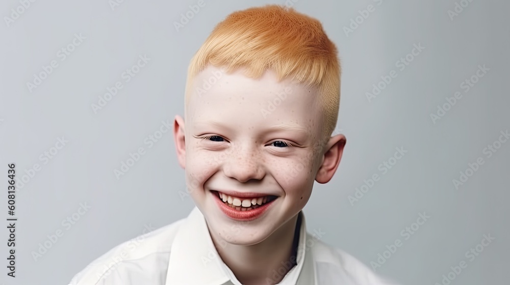 Smiling albino boy portrait in white shirt on solid white background ...