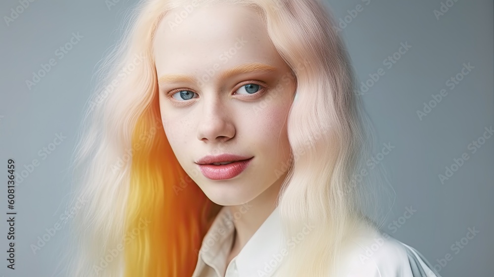 Smiling albino young woman close up portrait in white shirt on white ...