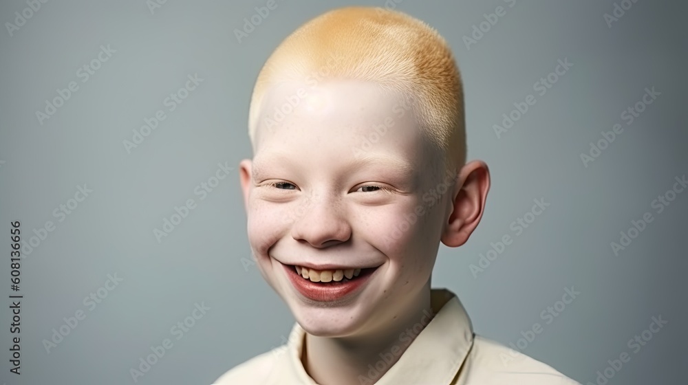 Smiling albino boy portrait in white shirt on solid white background ...