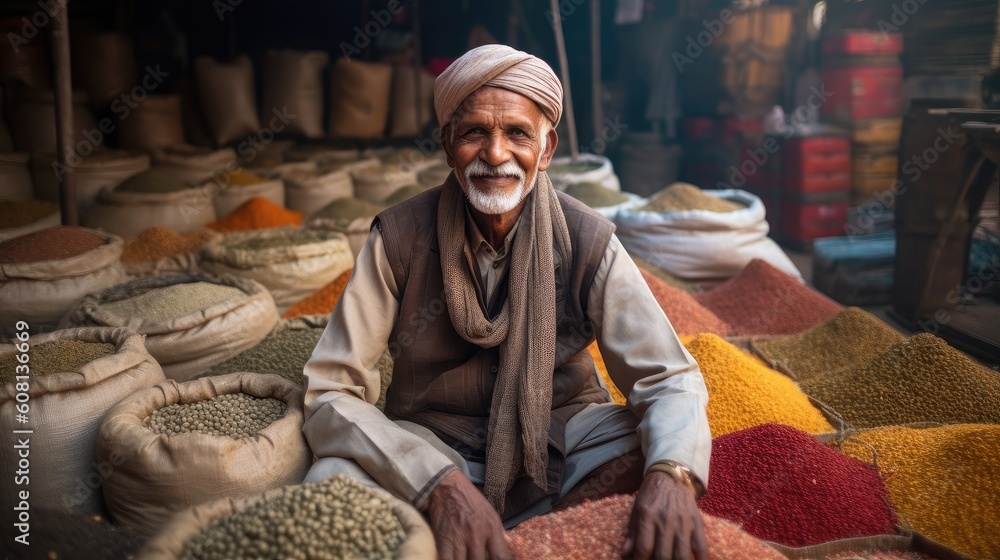 Old indian man sells spices in local market at beautiful sunlight, old ...