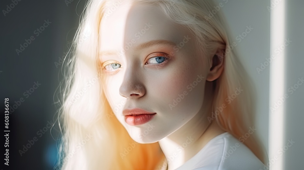 Smiling albino young woman close up portrait in white shirt on white ...