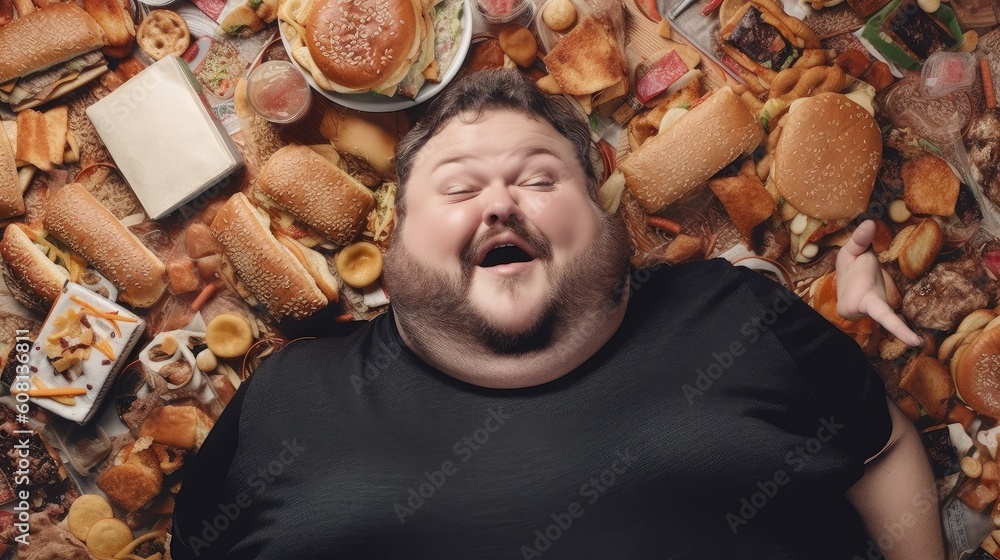 Happy smiling obese man lies among many fast food and unhealthy sugary ...