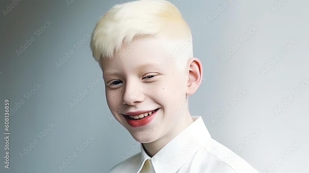 Smiling albino boy portrait in white shirt on solid white background ...