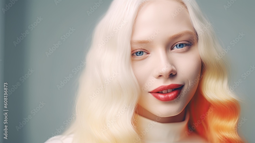 Smiling albino young woman close up portrait in white shirt on white ...