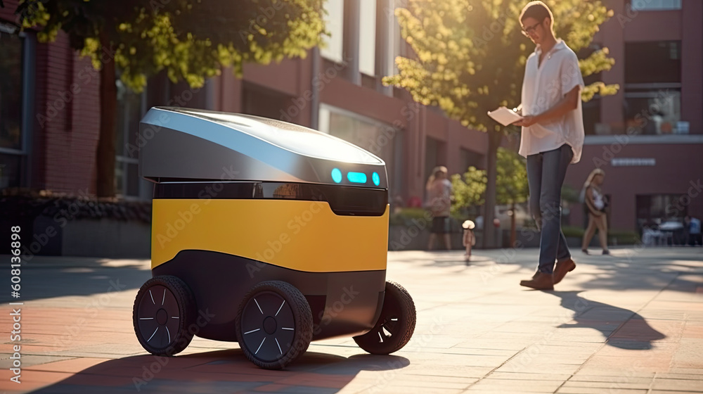 Woman meet delivery robot on street sidewalk, last mile secure package ...