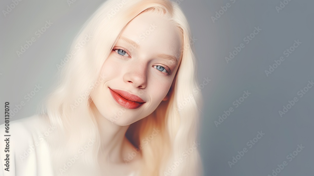 Smiling albino young woman close up portrait in white shirt on white ...