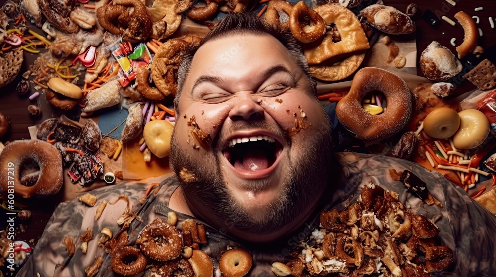 Happy smiling obese man lies among many fast food and unhealthy sugary ...