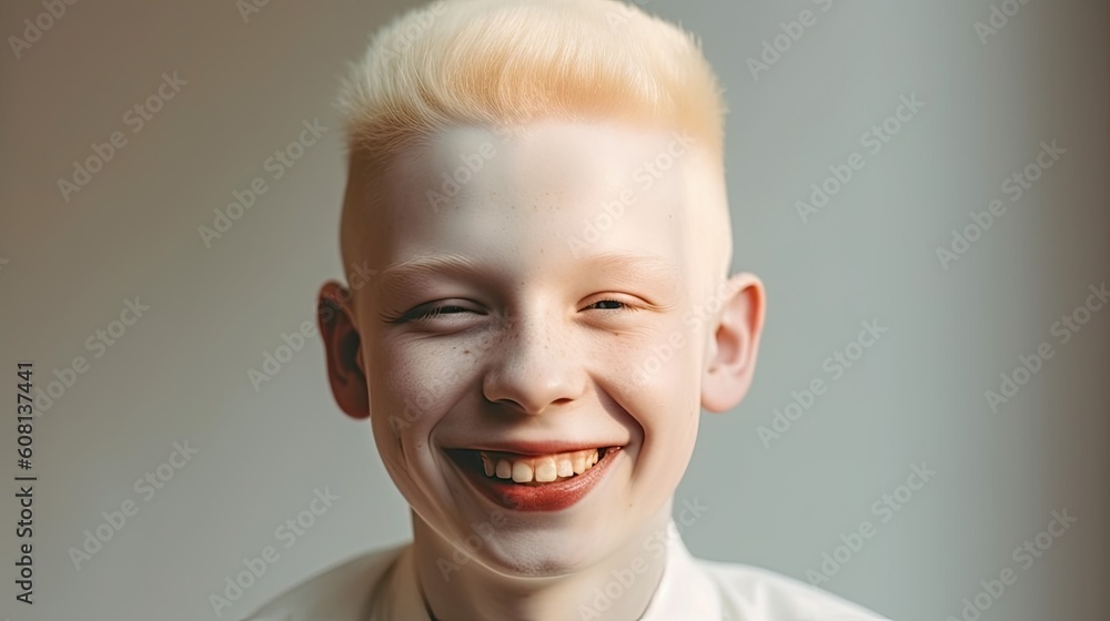 Smiling albino boy portrait in white shirt on solid white background ...