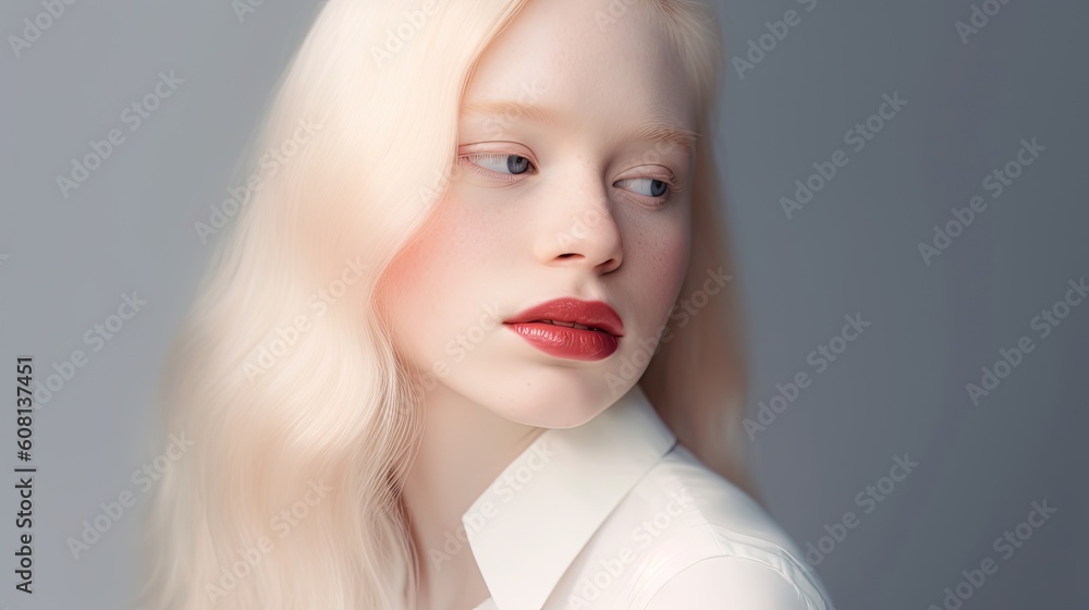 Smiling albino young woman close up portrait in white shirt on white ...