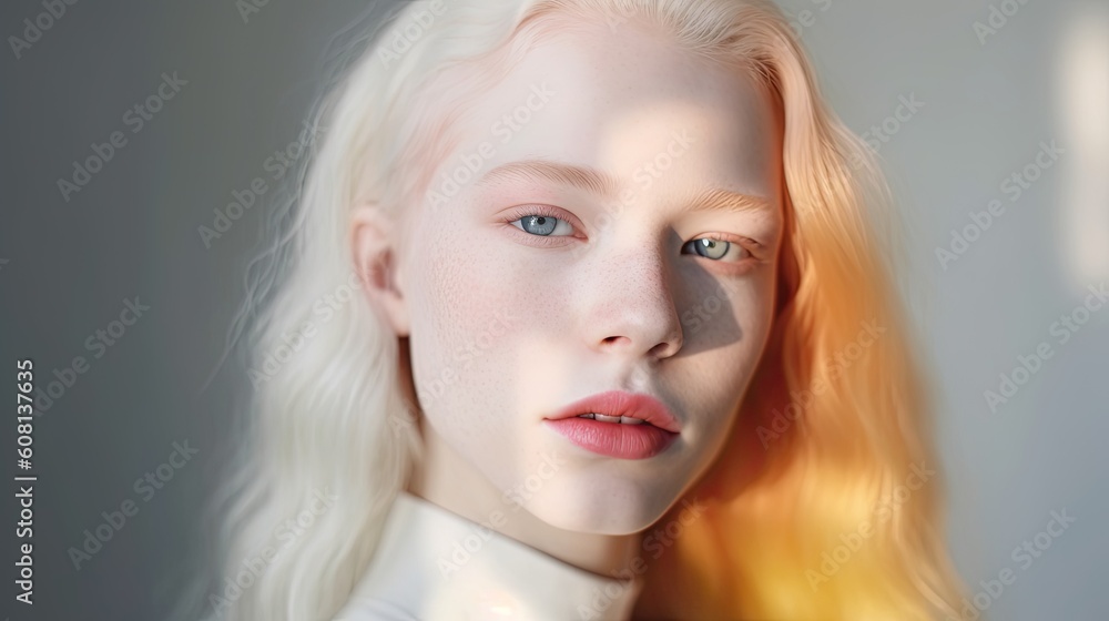 Smiling albino young woman close up portrait in white shirt on white ...