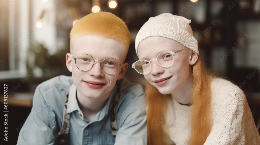 Smiling albino brother and sister portrait cafe abstract background ...