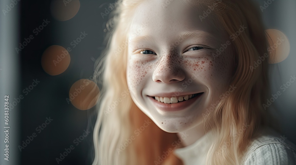 Smiling albino girl close up portrait in white shirt on abstract ...