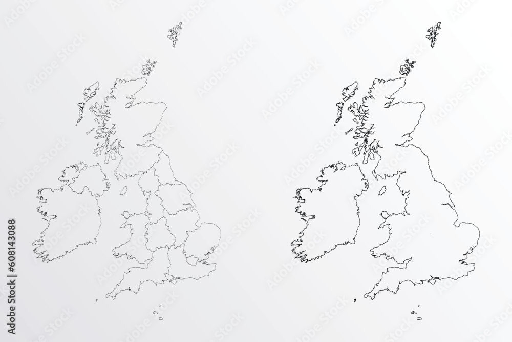 Black Outline vector Map of United Kingdom with regions on white ...