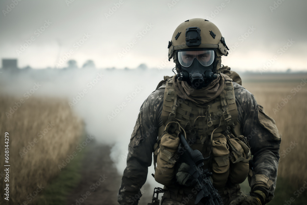 A group of modern-day soldiers in full equipment conducts a patrol in ...