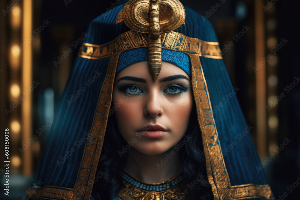 Ancient Egyptian queen pharaoh wearing golden insignia of her reign ...