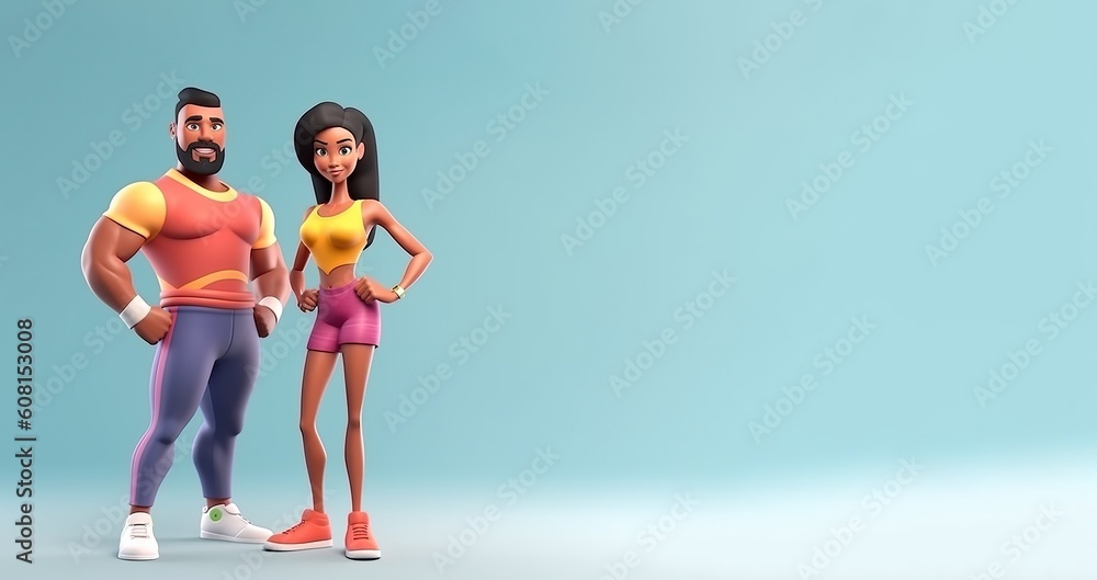 3D cartoon cute smiled couple athletes. Happy man and woman, fit people ...