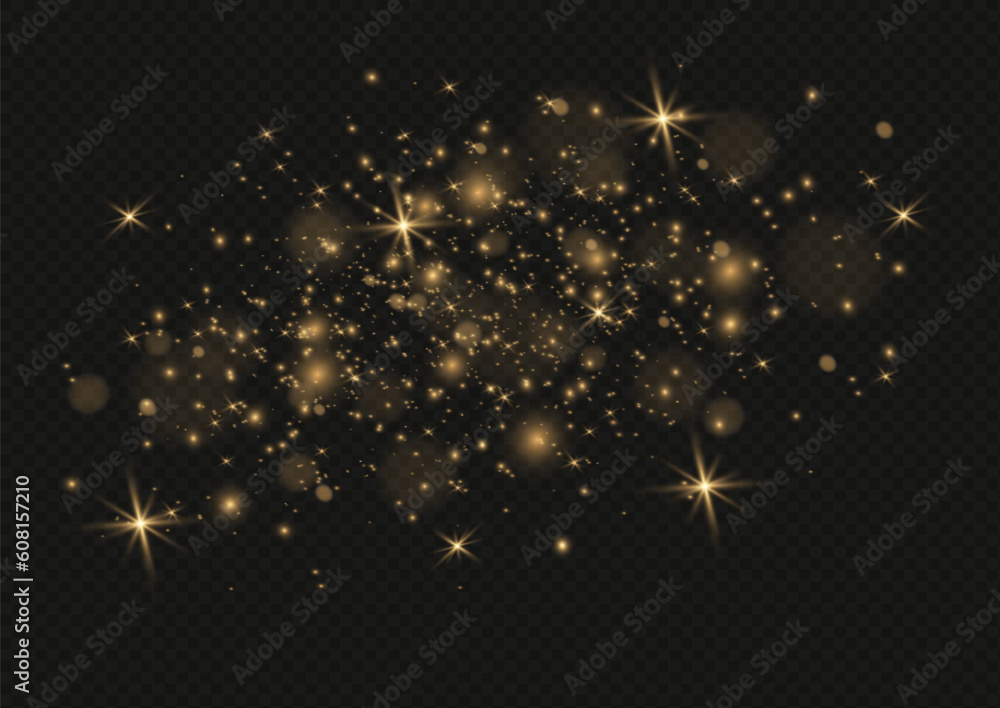 Yellow sparks glitter special light effect. Vector sparkles on transparent background. Yellow ...