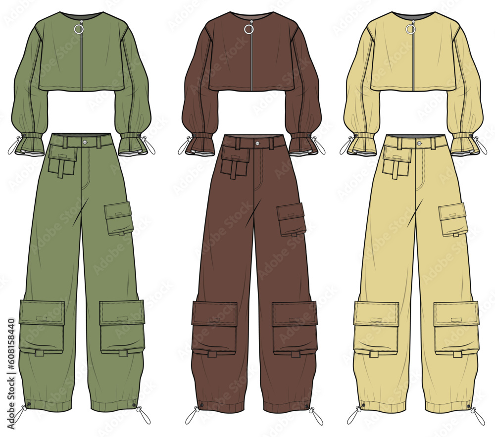 Women Cargo Pant and Top Suit, Bishop Long Sleeve Twill Crop Top with ...