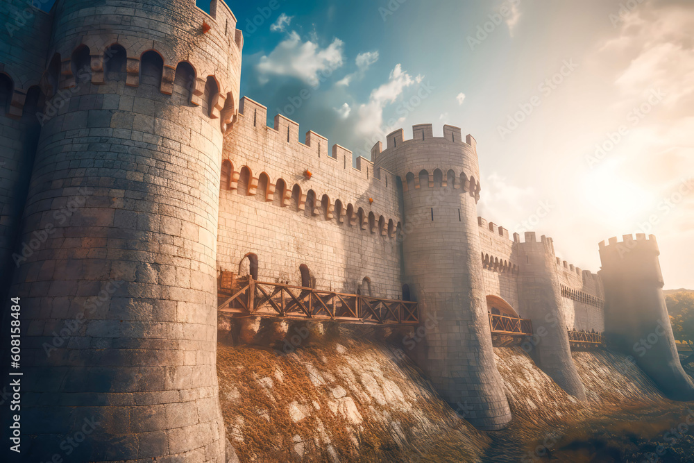 ภาพประกอบสต็อก Strong fortress walls, medieval castle. Cinematic light ...