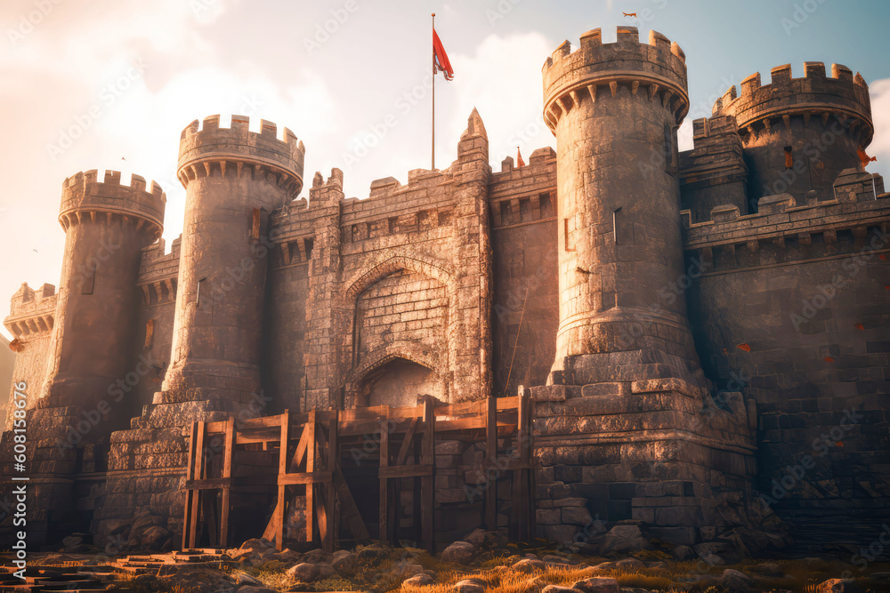 Strong fortress walls, medieval castle. Cinematic light, volumetric ...