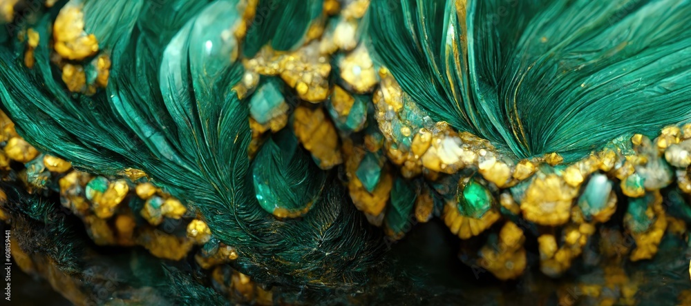 Abstract deep green jade with embedded gold rock specimen, cracked and ...