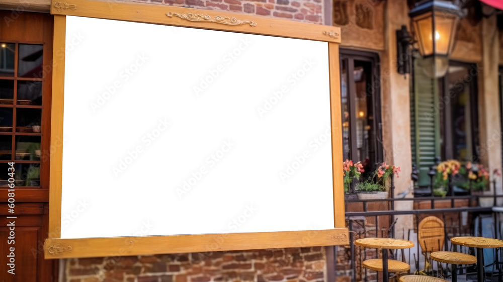Menu board with transparency mock-up in front of a french-style ...