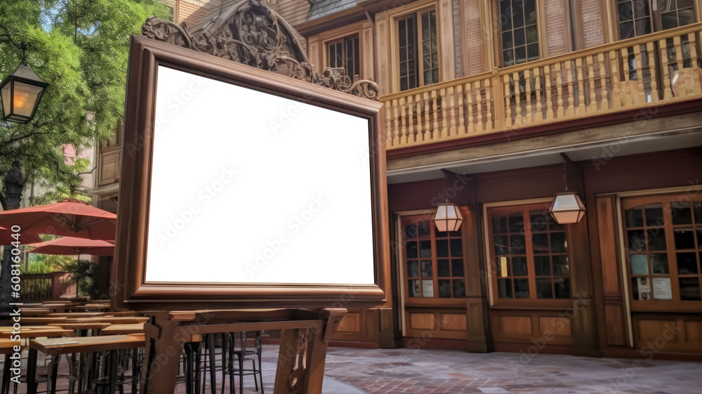 Menu board with transparency mock-up in front of a french-style ...