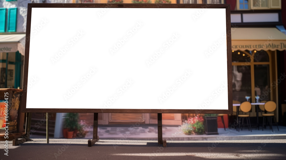 Menu board with transparency mock-up in front of a french-style ...