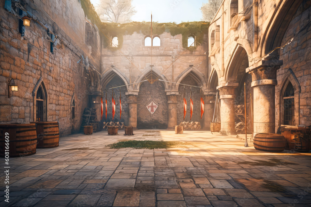 Paved courtyard for soldier training in medieval castle. Cinematic ...