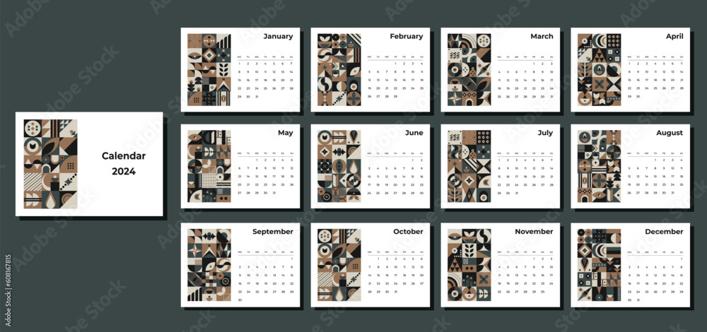 Calendar 2024 geometric patterns. Monthly calendar template for 2024 ...
