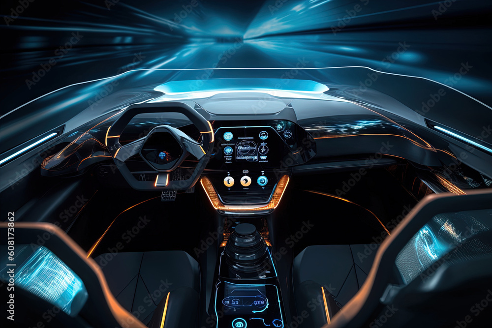 Sports car cockpit with a customizable holographic interface futuristic ...