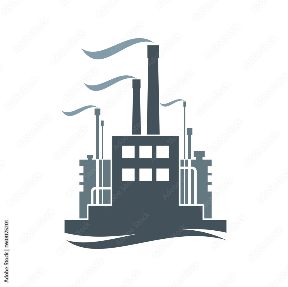 Factory icon, power plant industrial building with chimney smoke ...