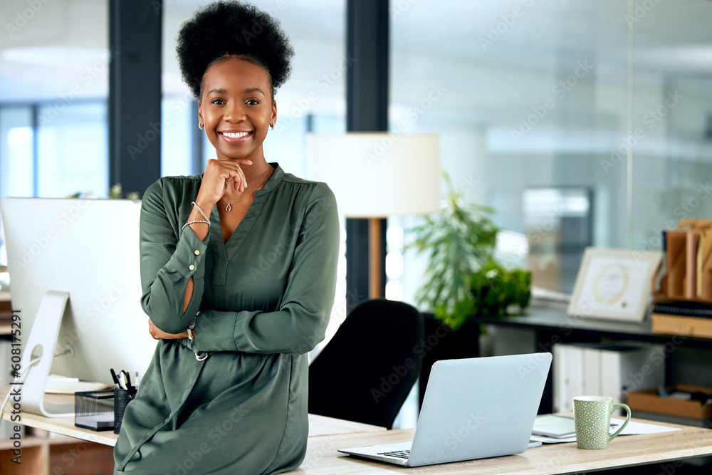 Portrait of confident black woman in modern office with smile, computer ...