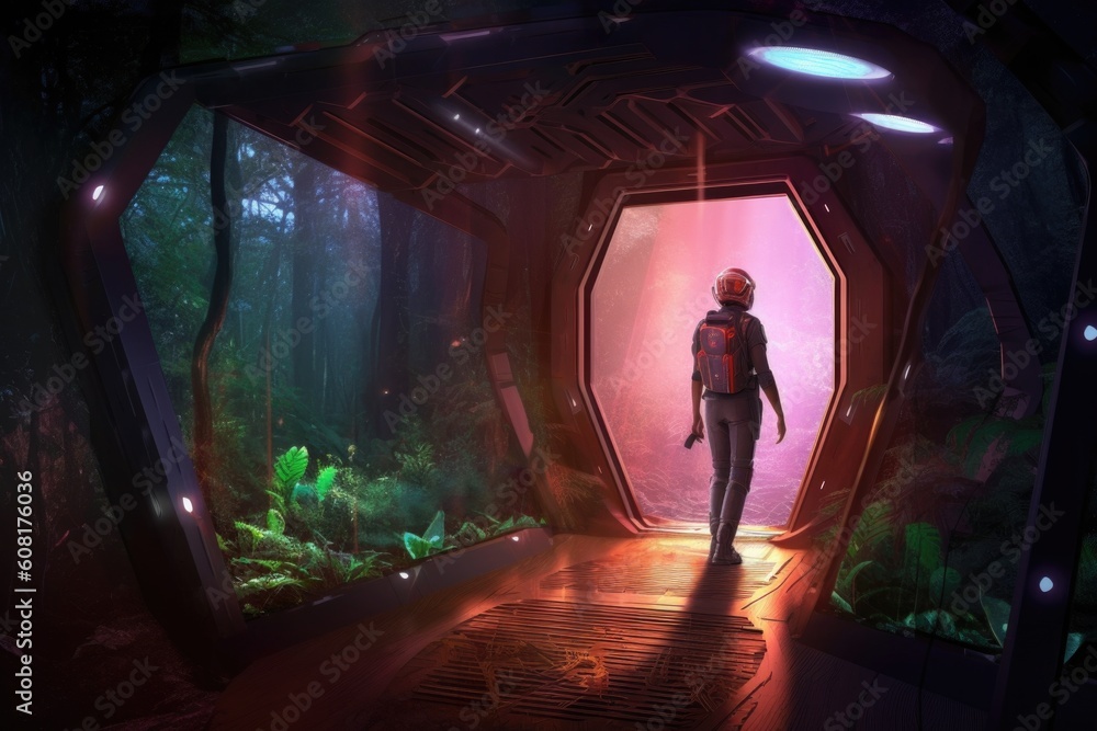 alien traveler, surrounded by futuristic cabin with ambient lighting ...