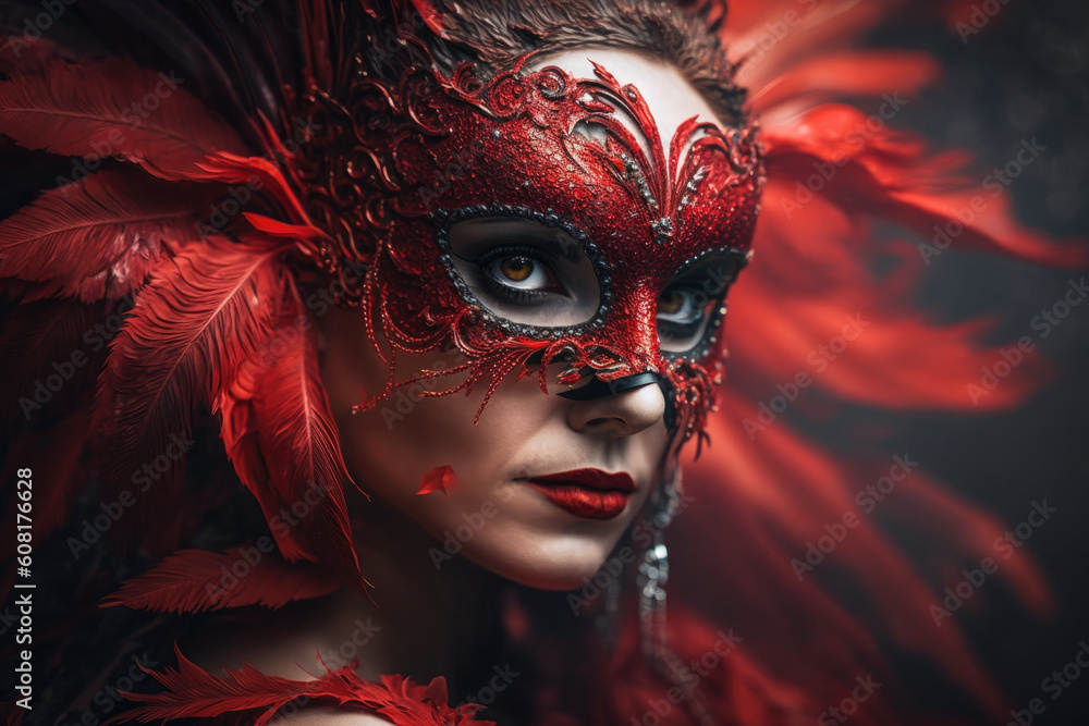 Beautiful woman wearing red carnival mask with feathers, portrait ...