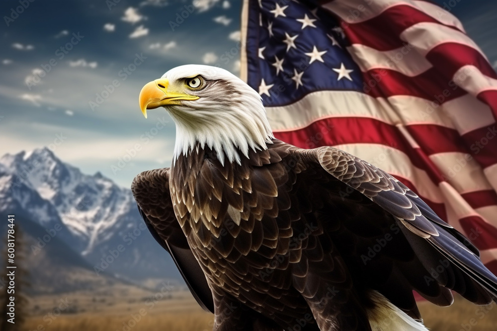 Wavy American flag with an eagle symbolizing strength and freedom . 4th of July Memorial or ...