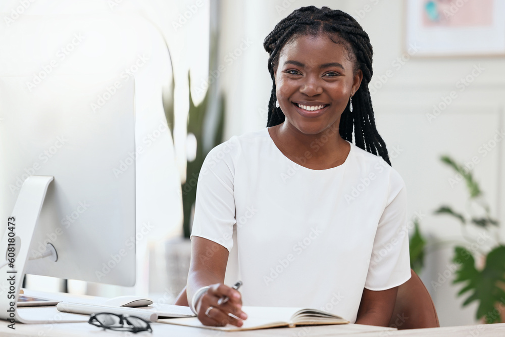 Portrait of black woman at desk with computer, smile and online ...
