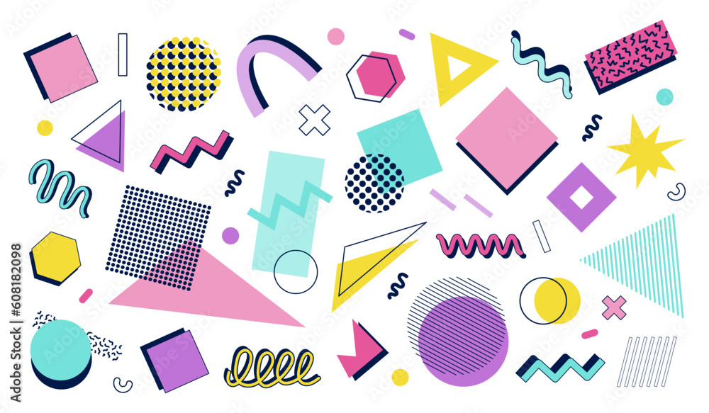 Vetor de Set abstract geometric shapes, Memphis style elements, vintage banner, poster. Vector ...